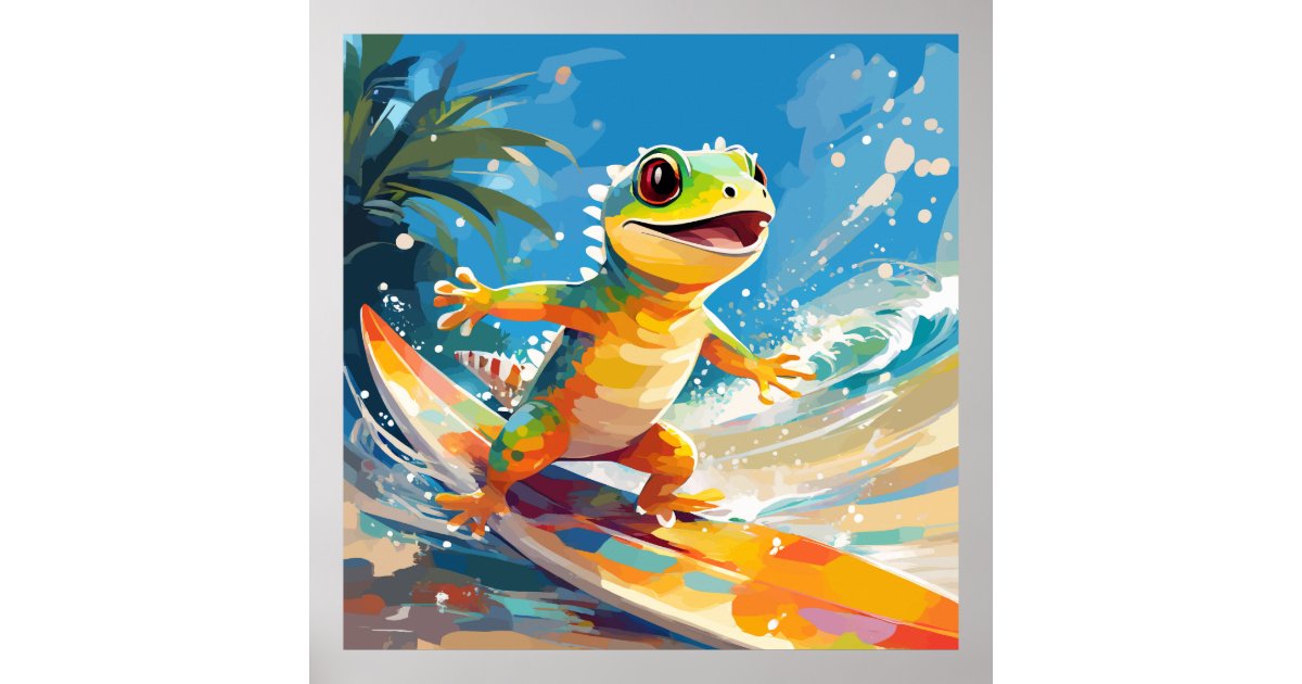 Surfing Gecko Riding The Waves Poster | Zazzle