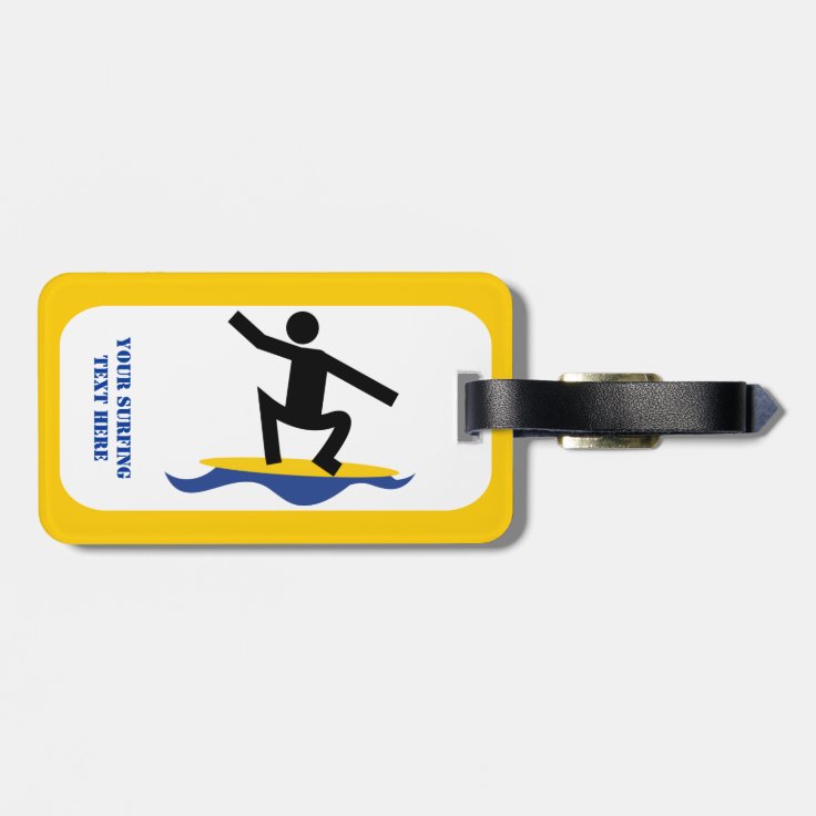Surfing gifts, surfer on his surfboard custom luggage tag | Zazzle