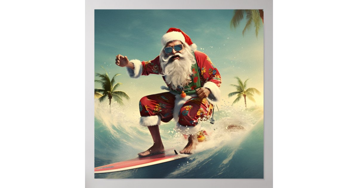 Surfing Santa Claus Holiday poster | Zazzle