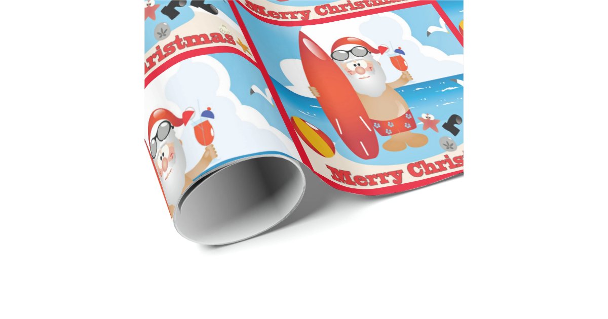 Surfing Santa On Beach Merry Christmas Wrapping Paper | Zazzle