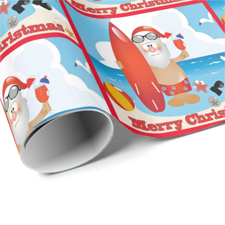 Surfing Santa On Beach Merry Christmas Wrapping Paper | Zazzle