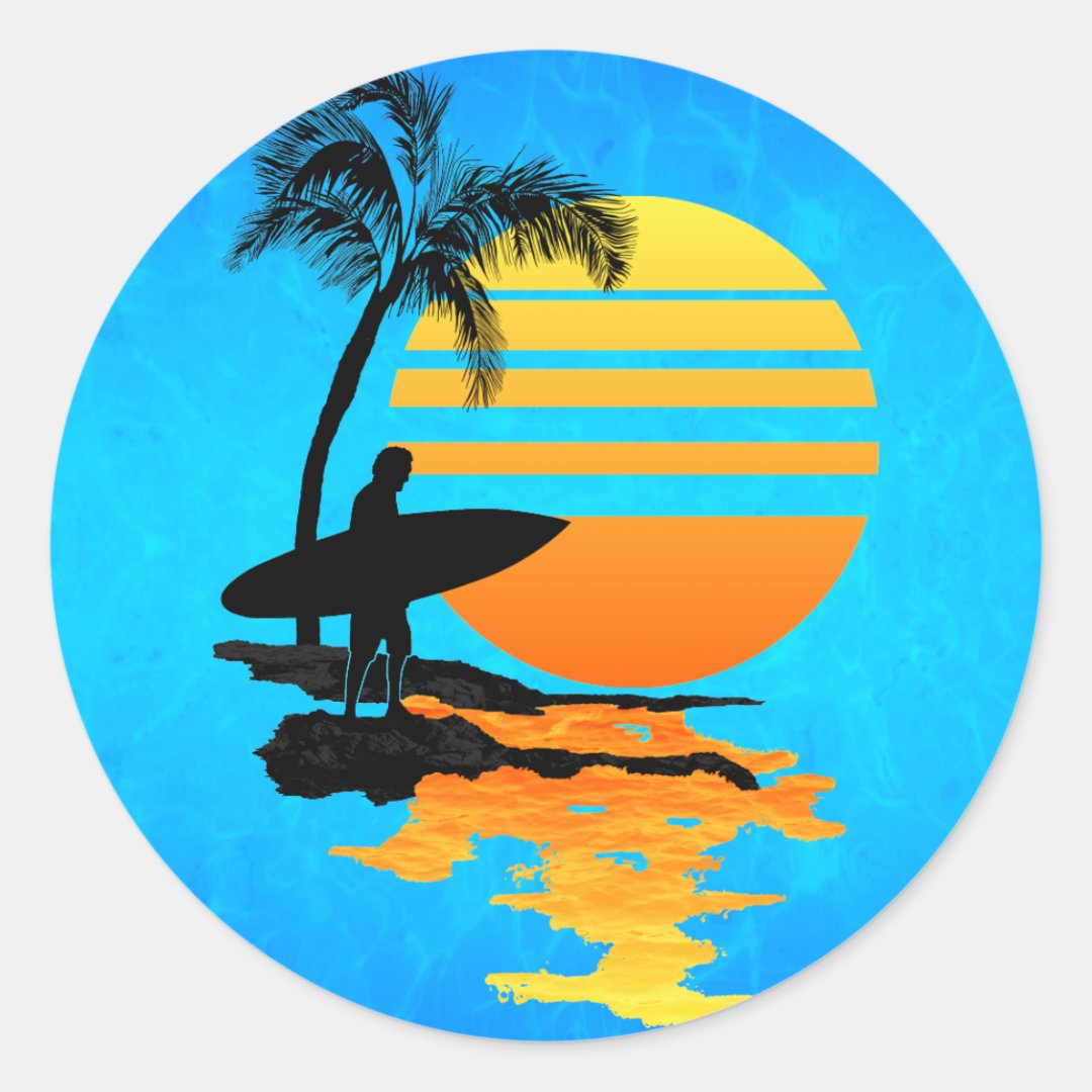 Surfing Sunrise Classic Round Sticker | Zazzle