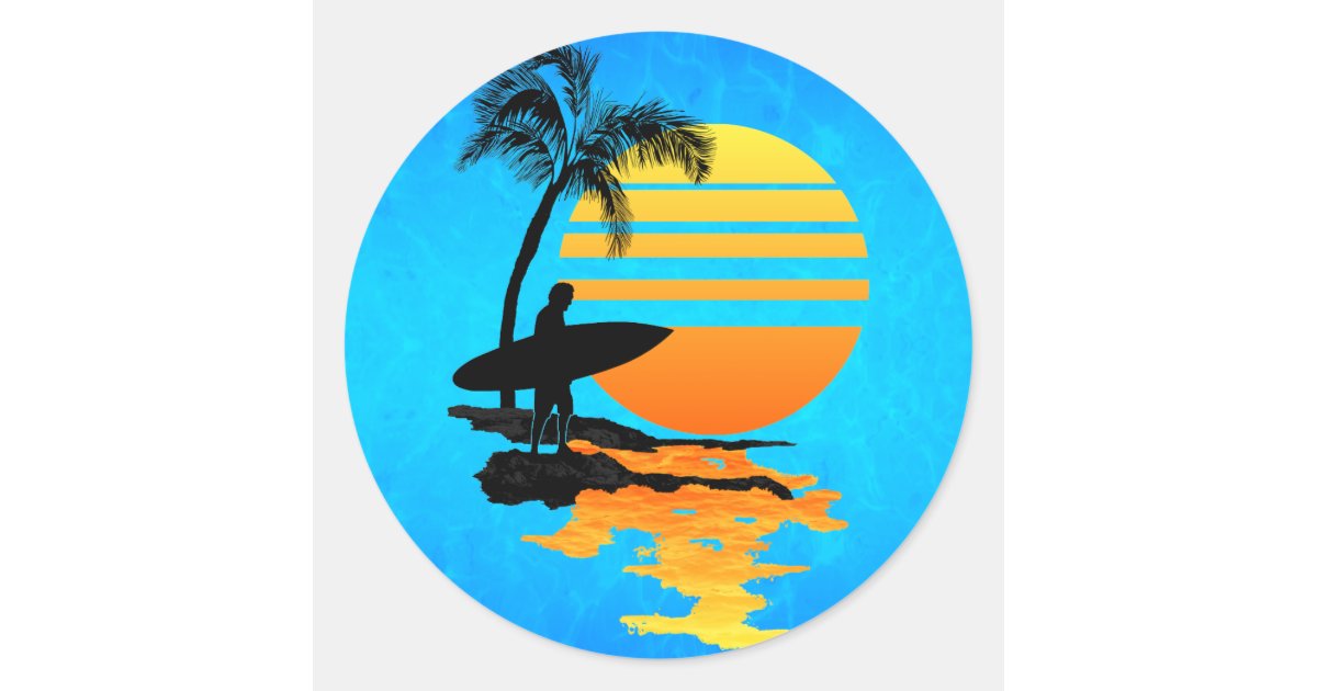 Surfing Sunrise Classic Round Sticker | Zazzle