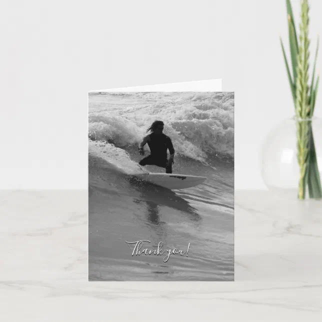 Surfing The Waves Grayscale Thank You Card | Zazzle