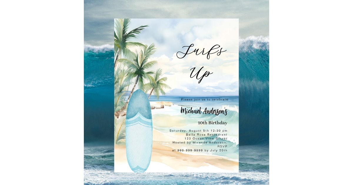 Surf's up beach surfboard birthday invitation | Zazzle