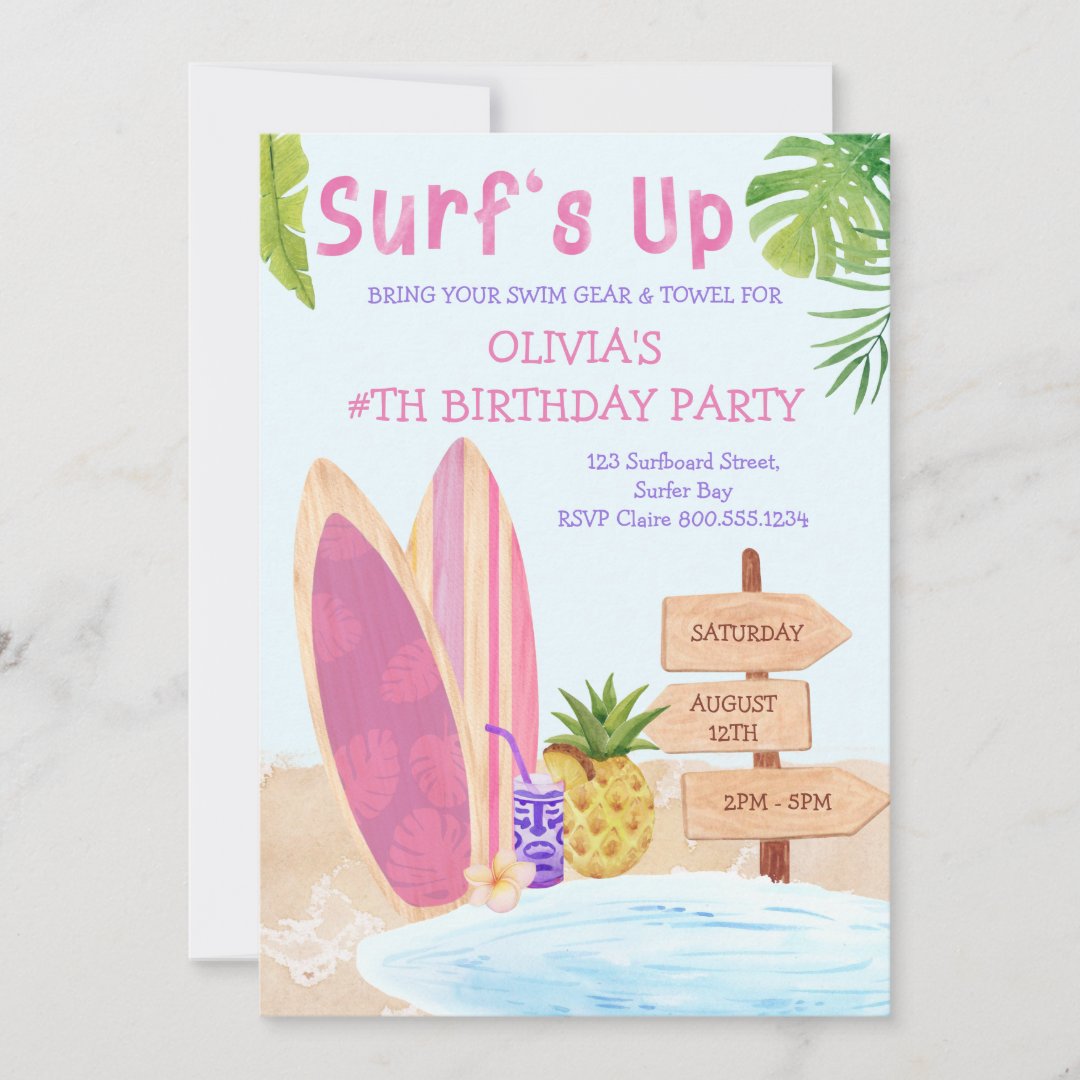 Surfs Up Birthday Party Girls Surfboard Invitation | Zazzle