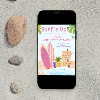 Surfs Up Birthday Party Girls Surfboard Invitation | Zazzle