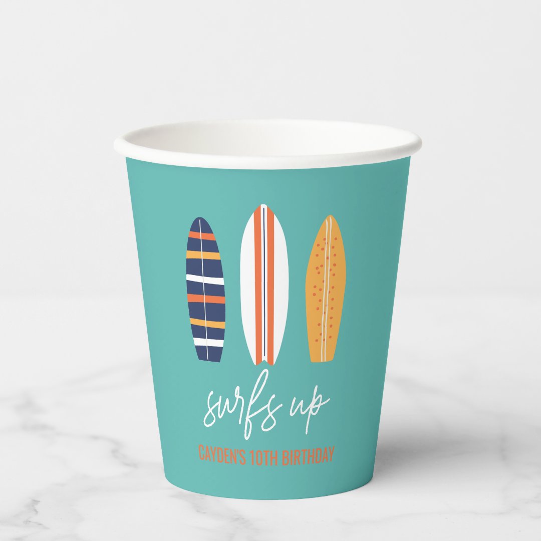Surfs Up BOY Surfboard beach Birthday Party Paper Cups | Zazzle