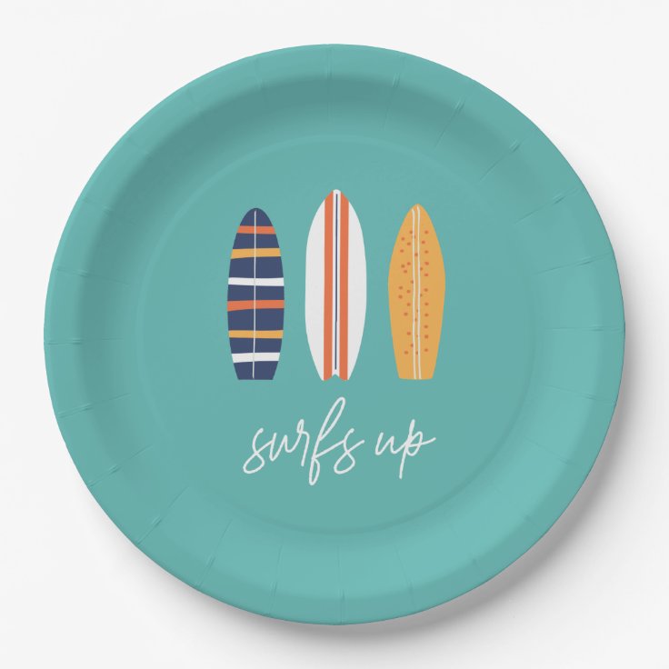 Surfs Up BOY Surfboard beach Birthday Party Paper Plates | Zazzle