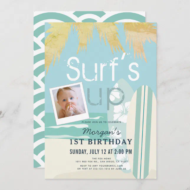Surf's Up Boy Surfboards Beach Photo 1st Birthday Invitation | Zazzle