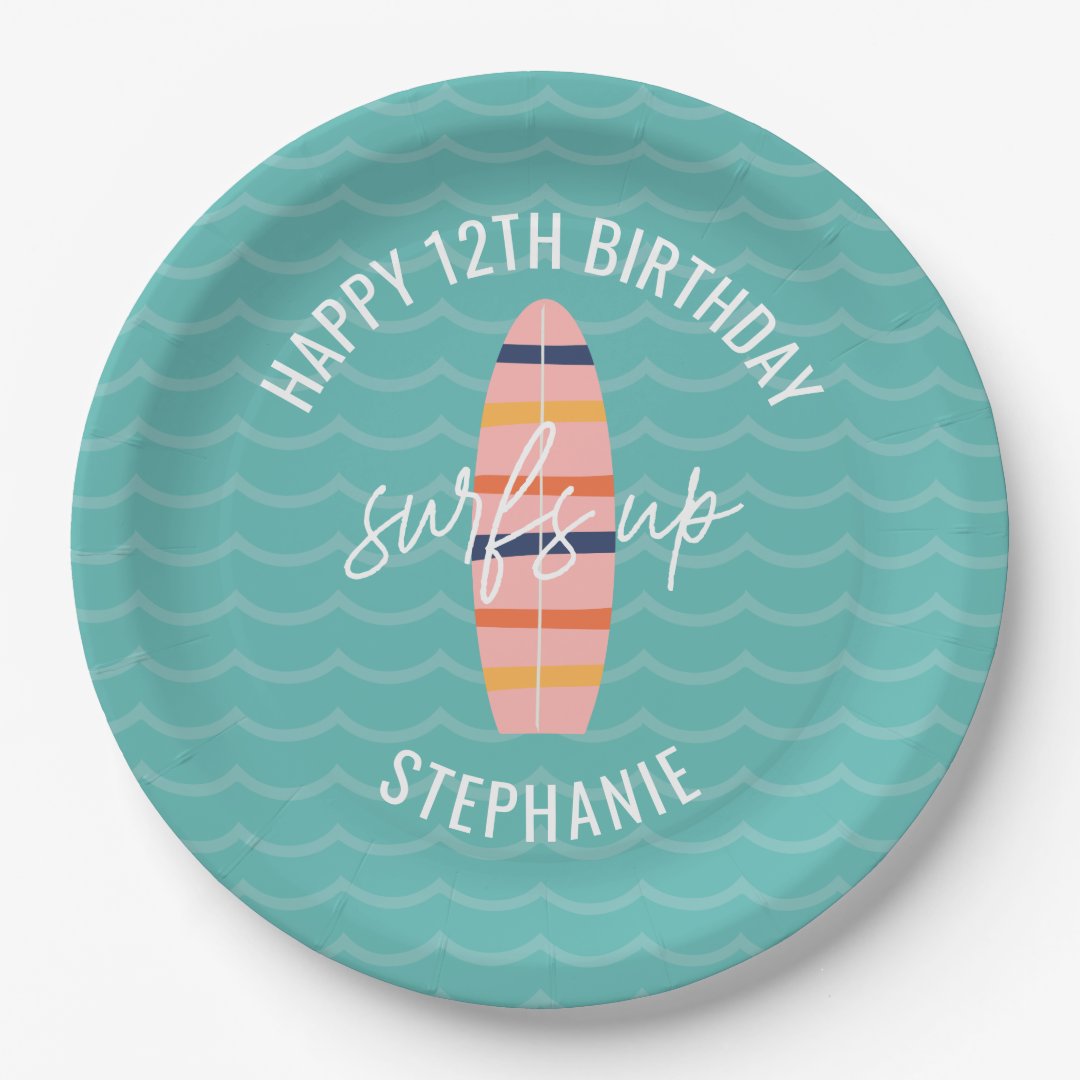 Surfs Up Pink surfboard Birthday Party Paper Plates | Zazzle