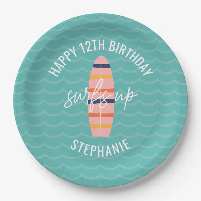 Surfs Up Pink surfboard Birthday Party Paper Plates | Zazzle