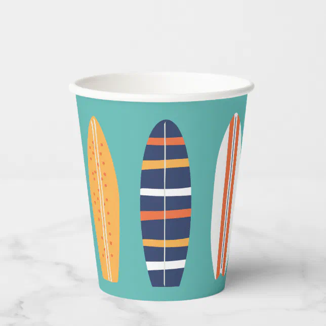 Surfs Up Retro Beach Surfboard Paper Cups | Zazzle
