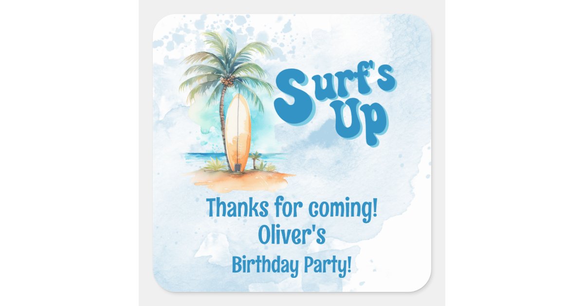 Surf's Up Summer Beach Birthday Party Favor Square Sticker | Zazzle
