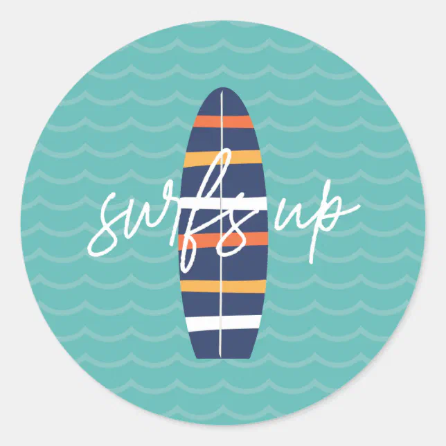 Surfs Up surfboard and waves Birthday Party Classic Round Sticker | Zazzle