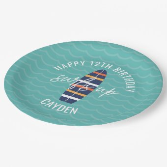 Surfs Up surfboard and waves Birthday Party Paper Paper Plates | Zazzle