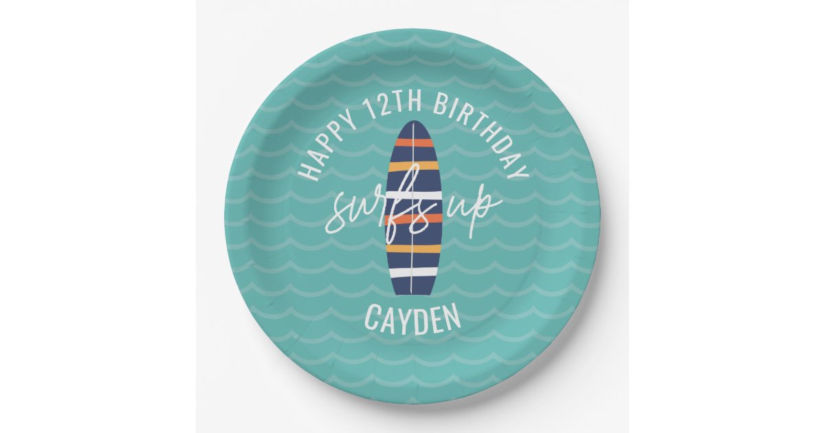 Surfs Up surfboard and waves Birthday Party Paper Paper Plates | Zazzle