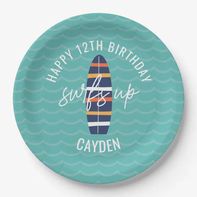 Surfs Up surfboard and waves Birthday Party Paper Paper Plates | Zazzle