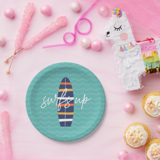 Surfs Up surfboard and waves Birthday Party Paper Plates | Zazzle