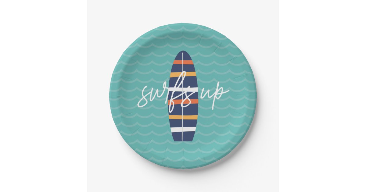 Surfs Up surfboard and waves Birthday Party Paper Plates | Zazzle
