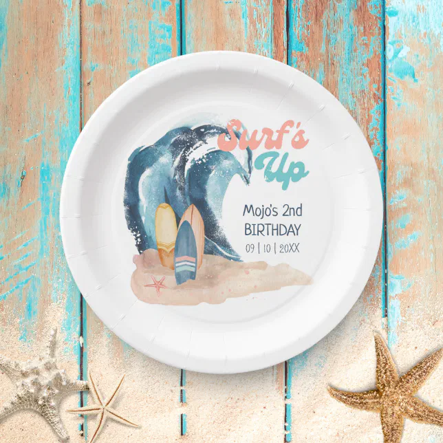 Surf's Up | Tropical Beach Surfing Kids Birthday Paper Plates | Zazzle