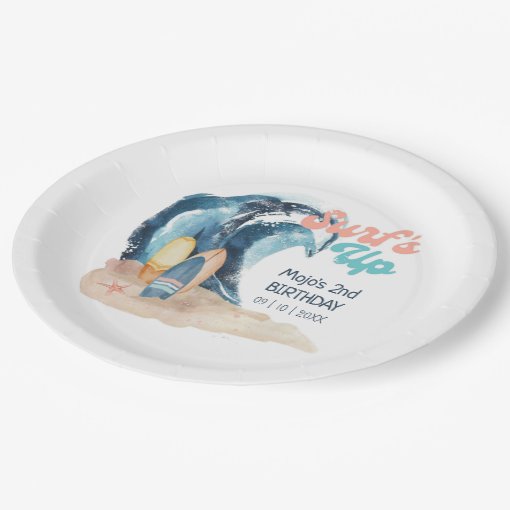 Surf's Up | Tropical Beach Surfing Kids Birthday Paper Plates | Zazzle