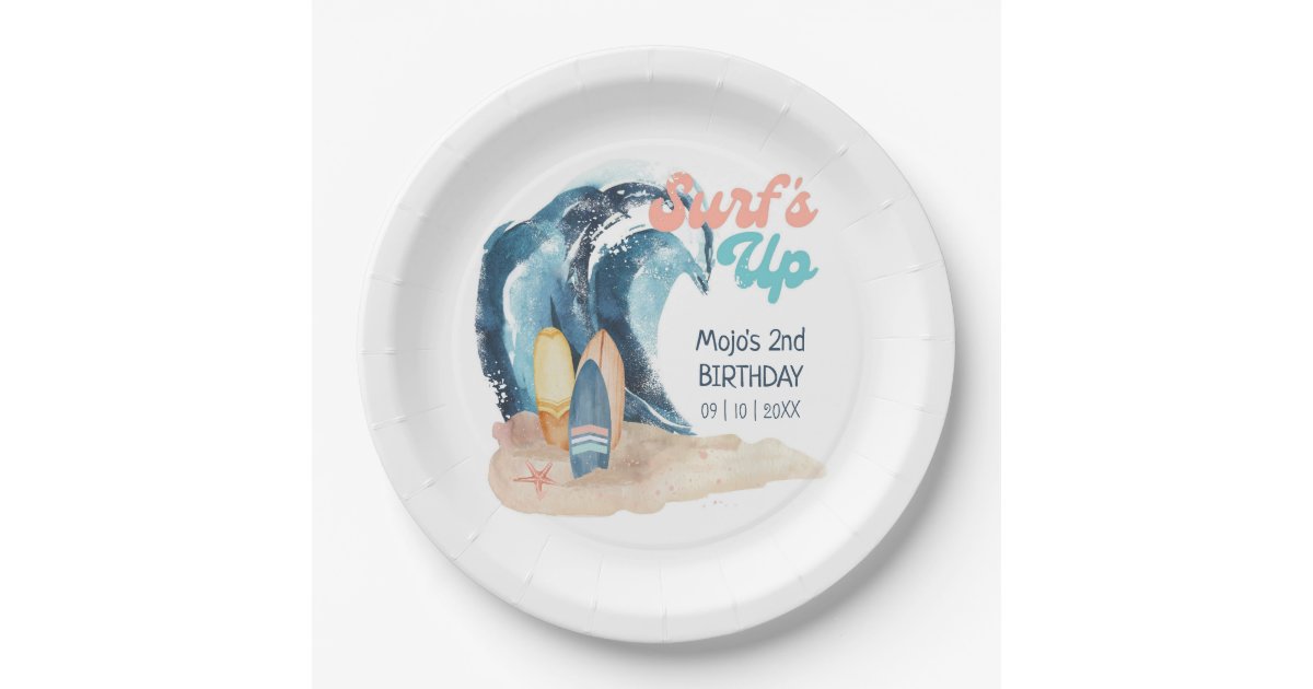 Surf's Up | Tropical Beach Surfing Kids Birthday Paper Plates | Zazzle