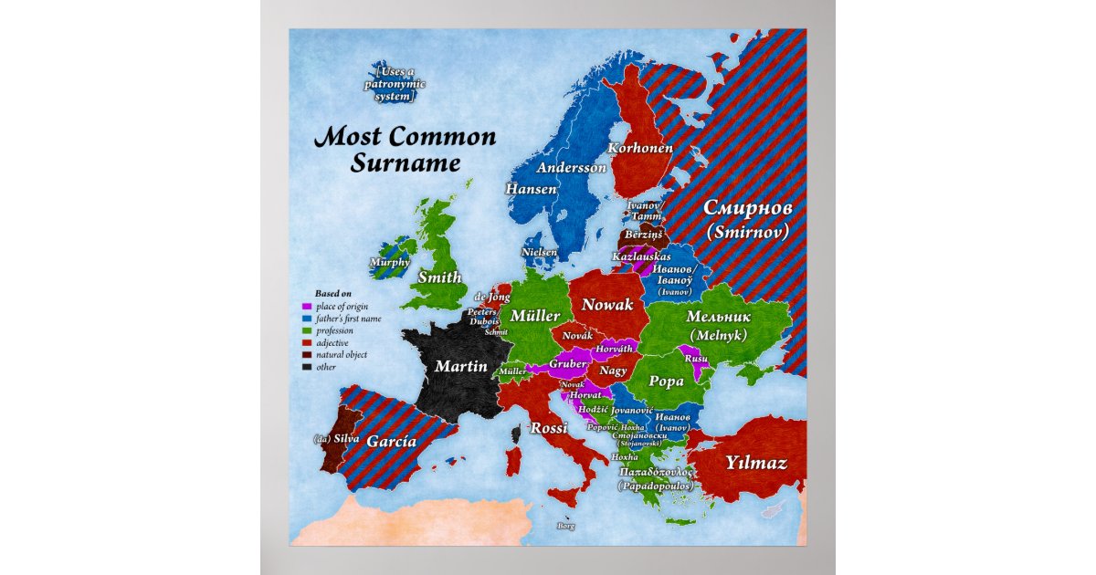 Surnames Europe Map Poster | Zazzle