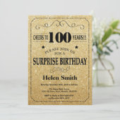 Surprise 100th Birthday Black and Gold Glitter Invitation | Zazzle
