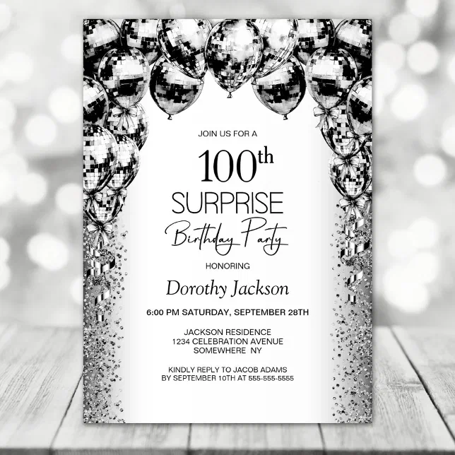 Surprise 100th Birthday Black White Balloons Party Invitation | Zazzle