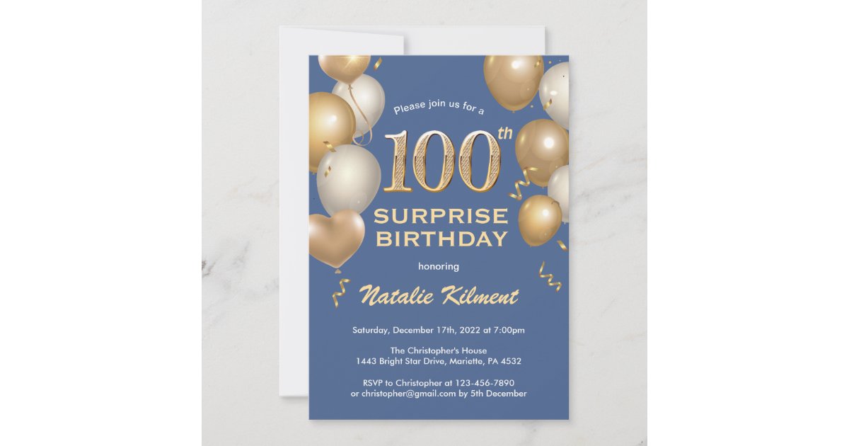 Surprise 100th Birthday Blue and Gold Balloons Invitation | Zazzle