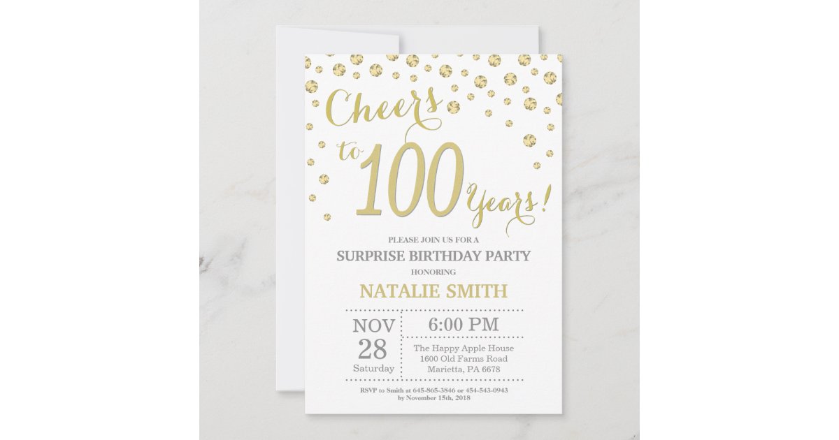 Surprise 100th Birthday Gold Glitter Diamond Invitation | Zazzle