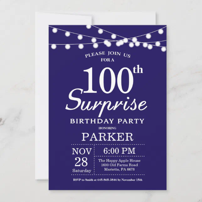 Surprise 100th Birthday Invitation Navy Blue | Zazzle