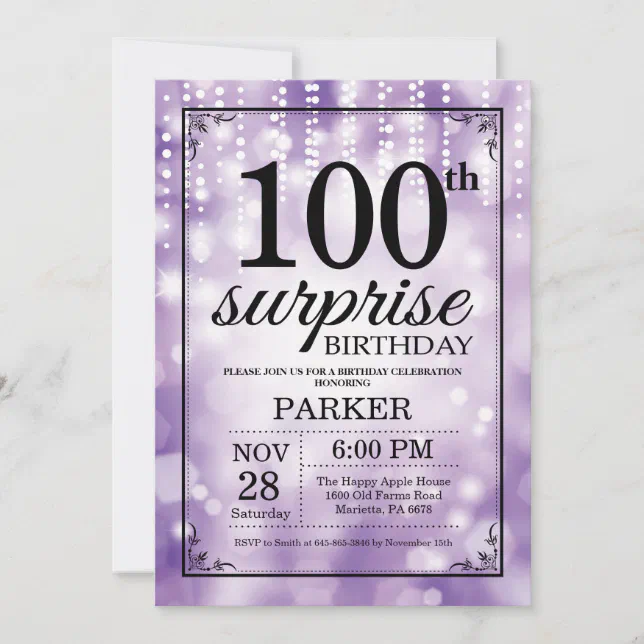 Surprise 100th Birthday Invitation Purple Glitter | Zazzle