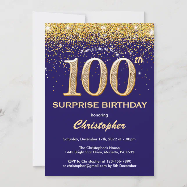 Surprise 100th Birthday Navy Blue and Gold Glitter Invitation | Zazzle