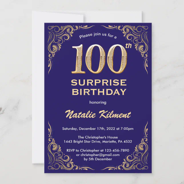 Surprise 100th Birthday Navy Blue and Gold Glitter Invitation | Zazzle