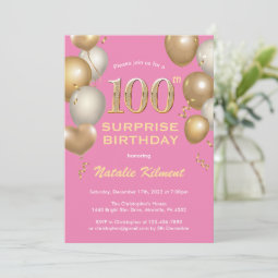 Surprise 100th Birthday Pink and Gold Balloons Invitation | Zazzle