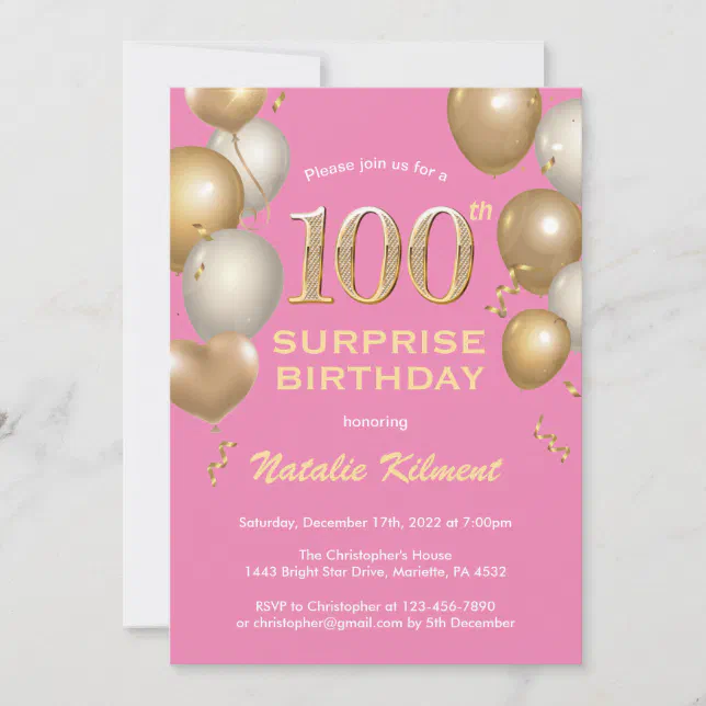 Surprise 100th Birthday Pink and Gold Balloons Invitation | Zazzle