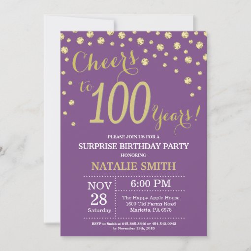 Surprise 100th Birthday Purple and Gold Diamond Invitation | Zazzle