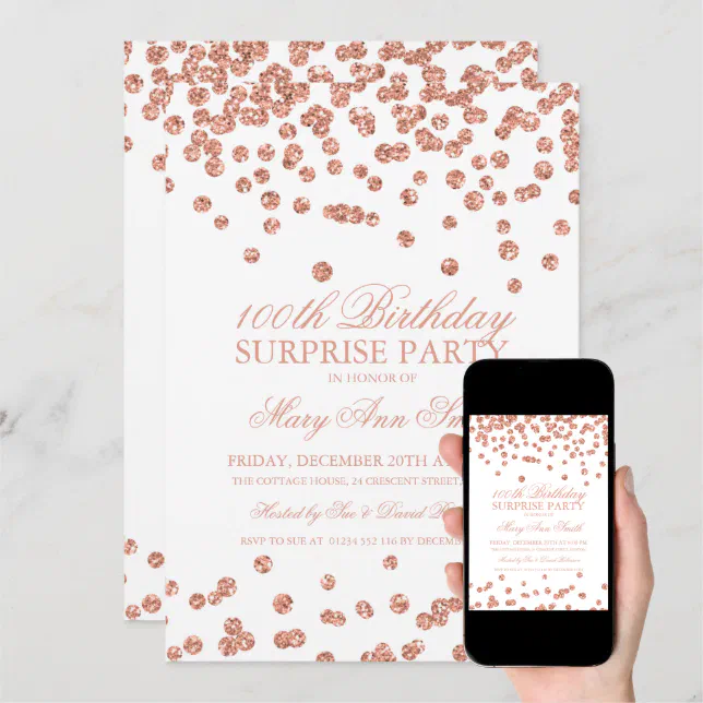 Surprise 100th Birthday Rose Gold Glitter Confetti Invitation | Zazzle