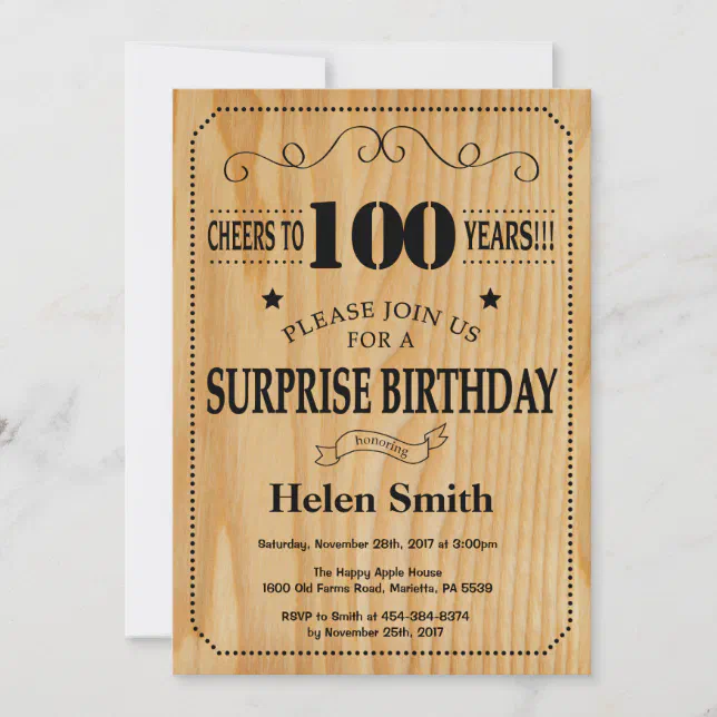 Surprise 100th Birthday Rustic Wood Invitation | Zazzle