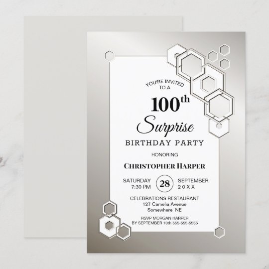 Surprise 100th Silver Geometric Birthday Party Invitation | Zazzle.com