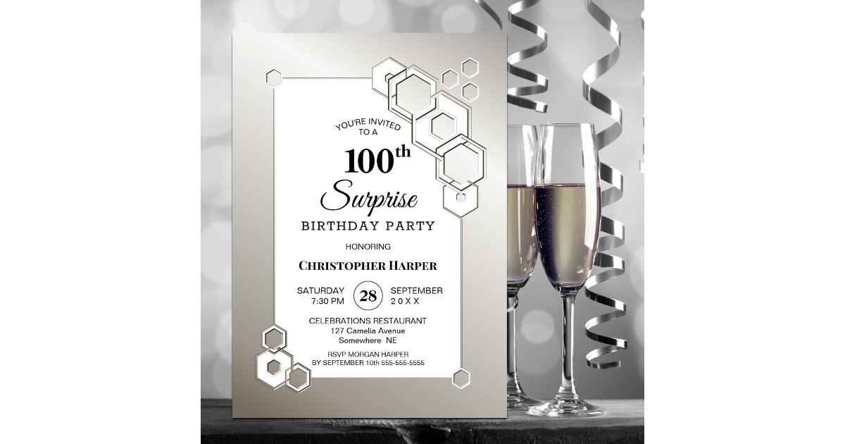 Surprise 100th Silver Geometric Birthday Party Invitation | Zazzle