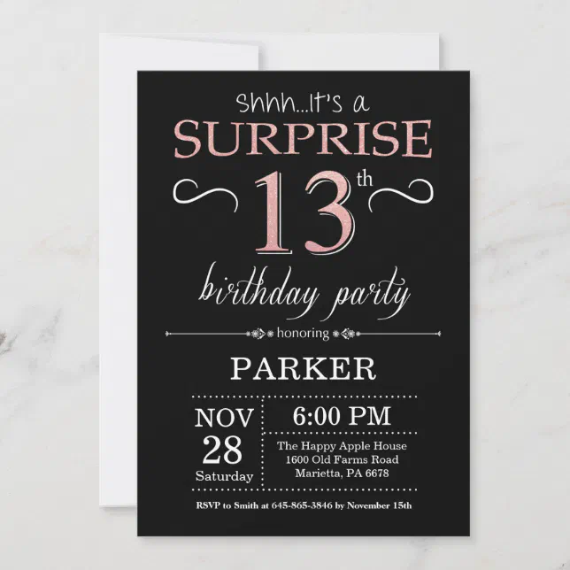 Surprise 13th Birthday Black and Rose Pink Gold Invitation | Zazzle