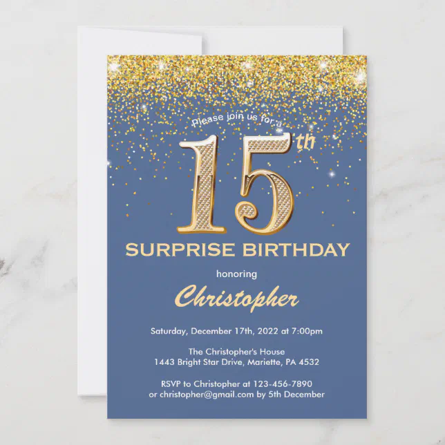 Surprise 15th Birthday Blue and Gold Glitter Invitation | Zazzle