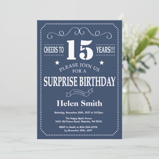 Surprise 15th Birthday Invitation Blue and White | Zazzle