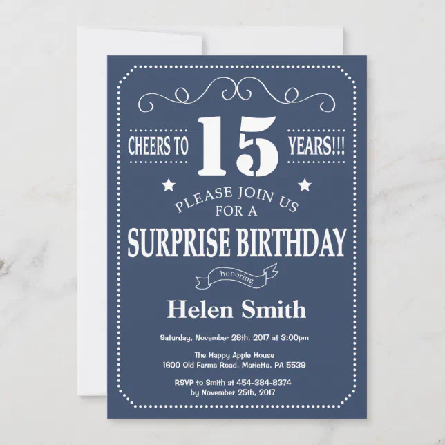 Surprise 15th Birthday Invitation Blue and White | Zazzle