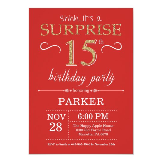 Surprise 15th Birthday Invitation Red and Gold | Zazzle.com