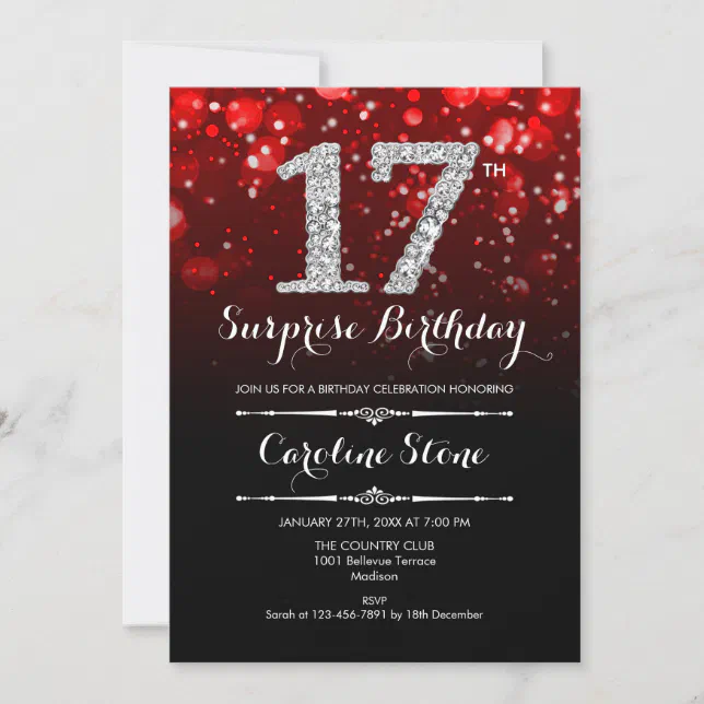 Surprise 17th Birthday - Black Red Silver Invitation | Zazzle