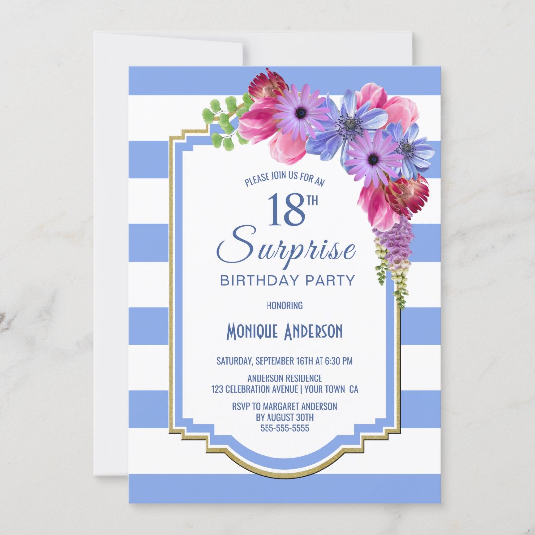 Surprise 18th Birthday Blue Striped Floral Party Invitation | Zazzle